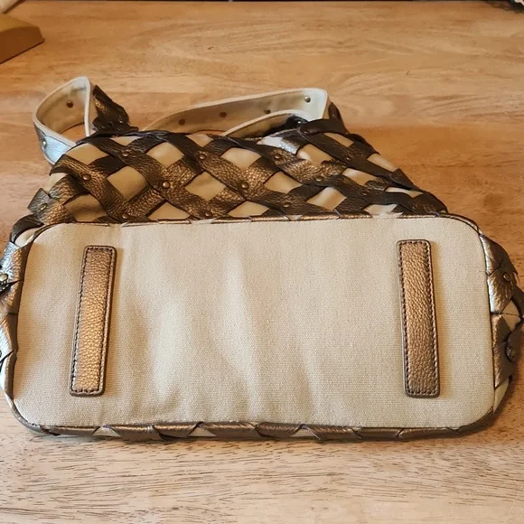 Laura Ashley | Bags | Laura Ashley Purse Cream Canvas Bronze Leather ...